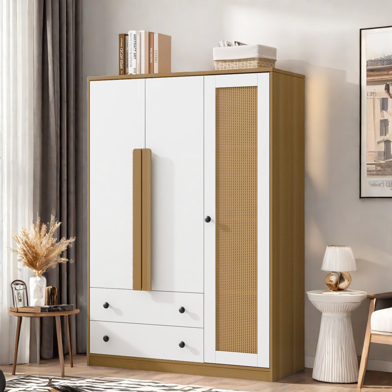 3 Door Wooden Rattan Wardrobe with 2 Drawers A Hanging Rod and Dual Colors Design Bay Isle Home Finish Natural White